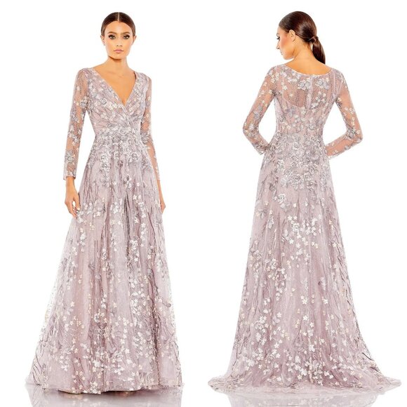 Mac Duggal | Dresses | Mac Duggal Embellished Wrap Over Illusion Long Sleeve A Line Gown 2402 ...